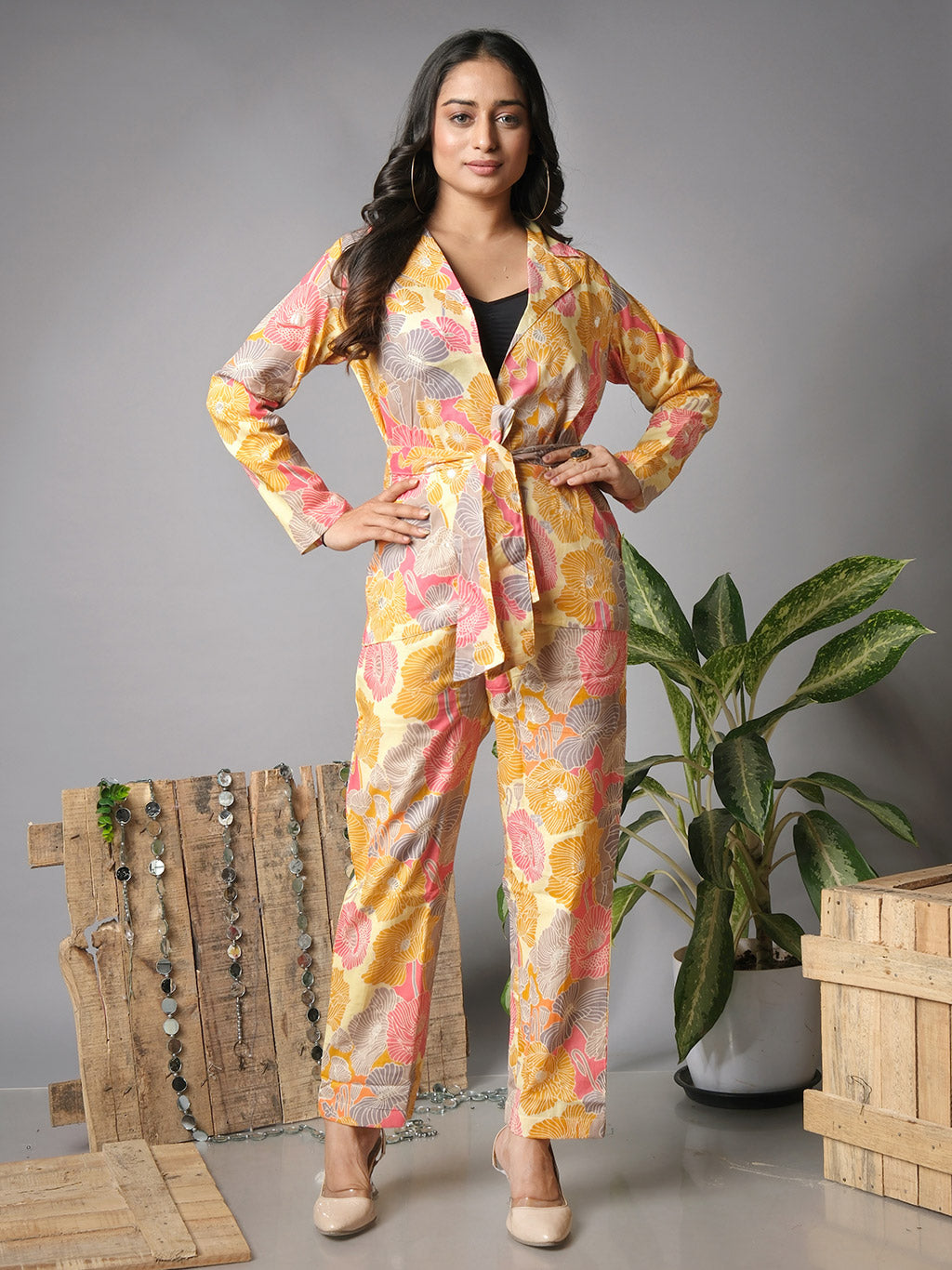 Ekisha's women muslin printed yellow floral co-ord set
