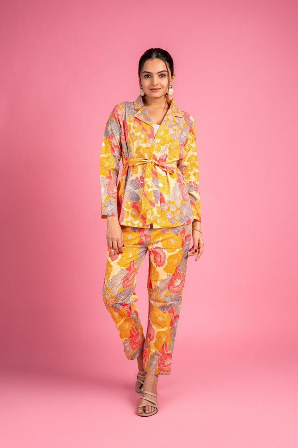Ekisha's women muslin printed yellow floral co-ord set